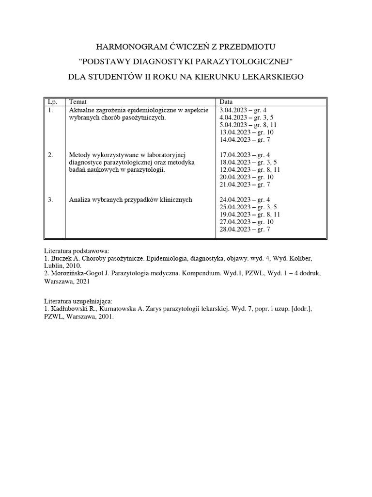 Podstawy Diagnostyki Parazytologicznej II Rok Harmonogram Cwiczen 2022 2023 | PDF