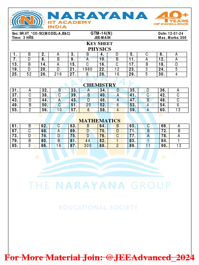 12 01 24 SR Star Co Scmodel A, B&C Jee Main GTM 14n Key&s | PDF