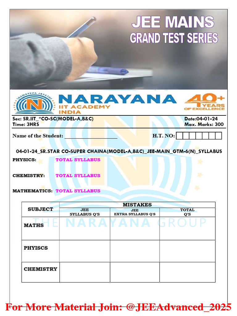 04.01.24 SR - Star Co-Sc (Model A, B&C) Jee Main Gtm-6 (N) - QP | PDF | Gases | Pressure