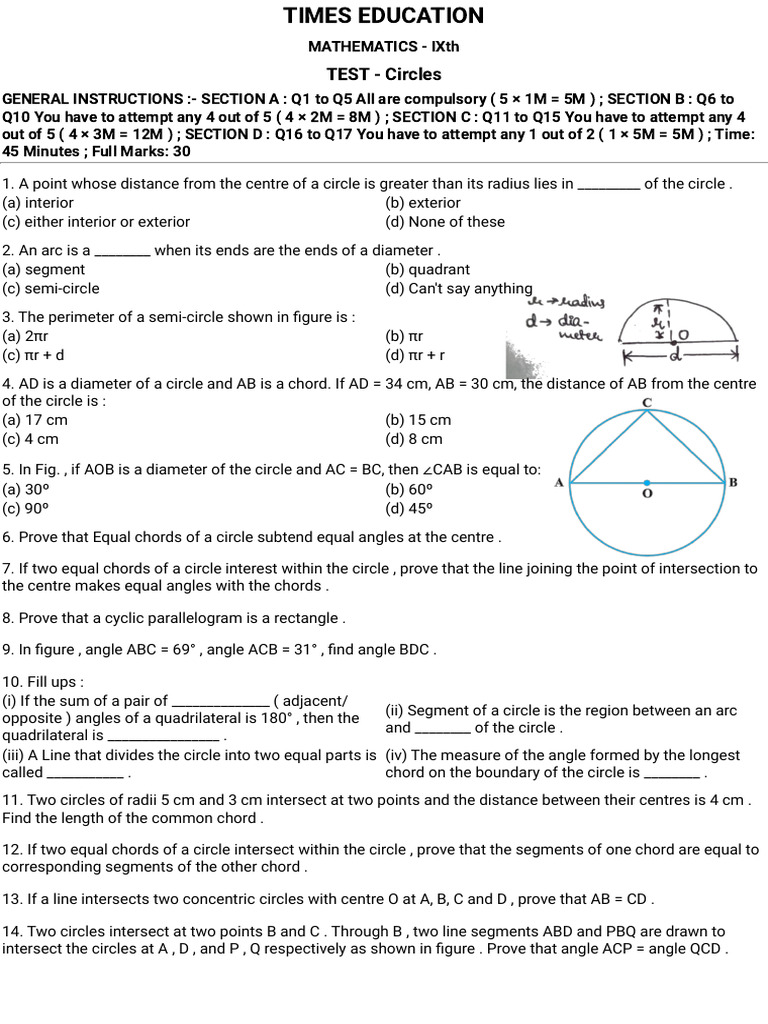 Class 9 Maths Test - Circles | PDF
