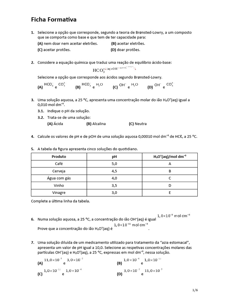 Ficha Formativa 1 | PDF | Ácido | Ph
