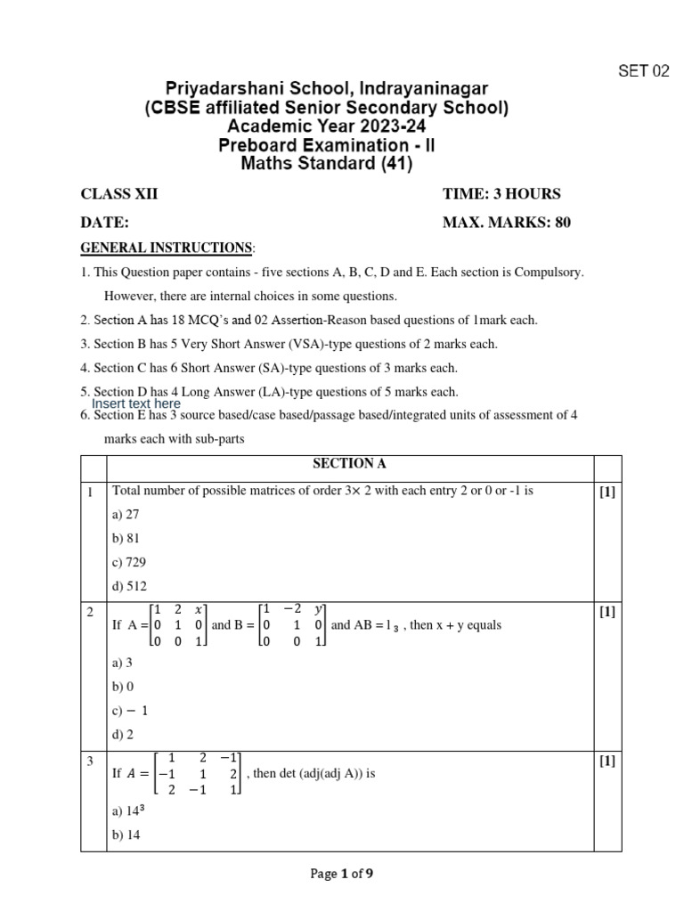 Class Xii Maths PB Set-2 2023-24 (Priyadarshani School) | PDF | Function (Mathematics ...