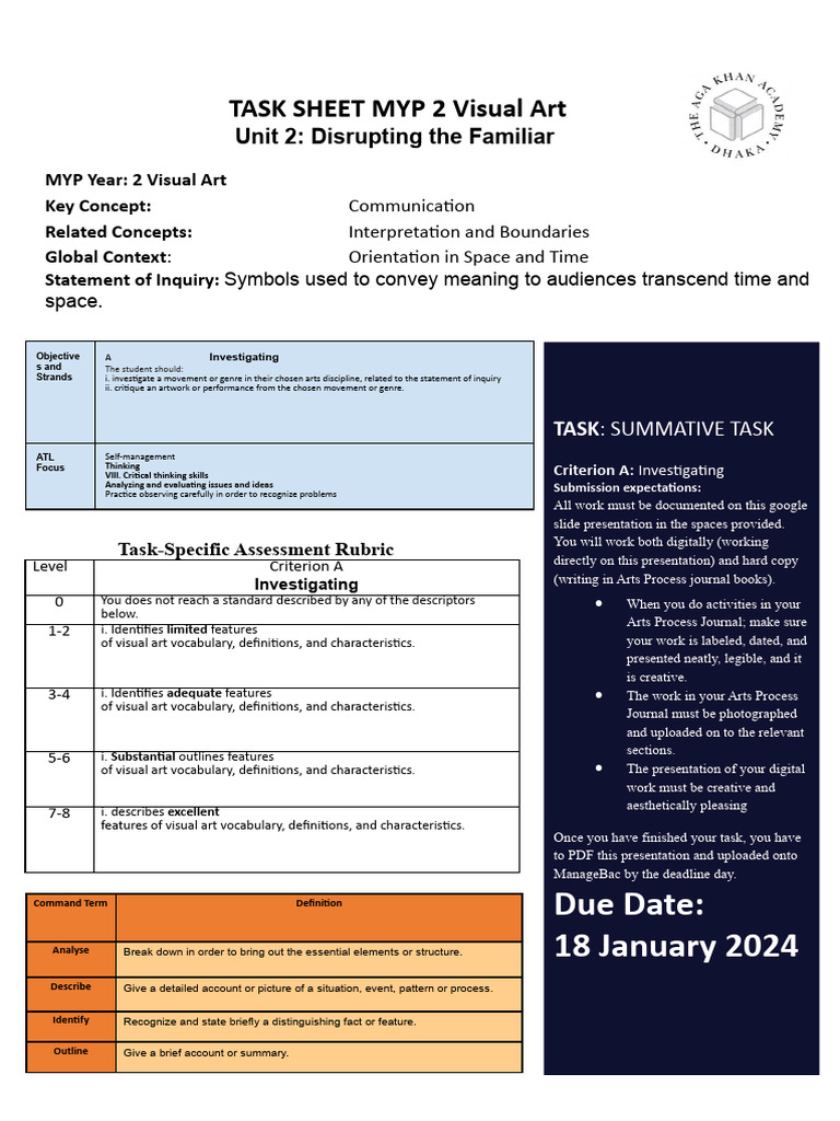 MYP 2 Visual Art Task Sheet | PDF | Human Communication | Cognitive Science