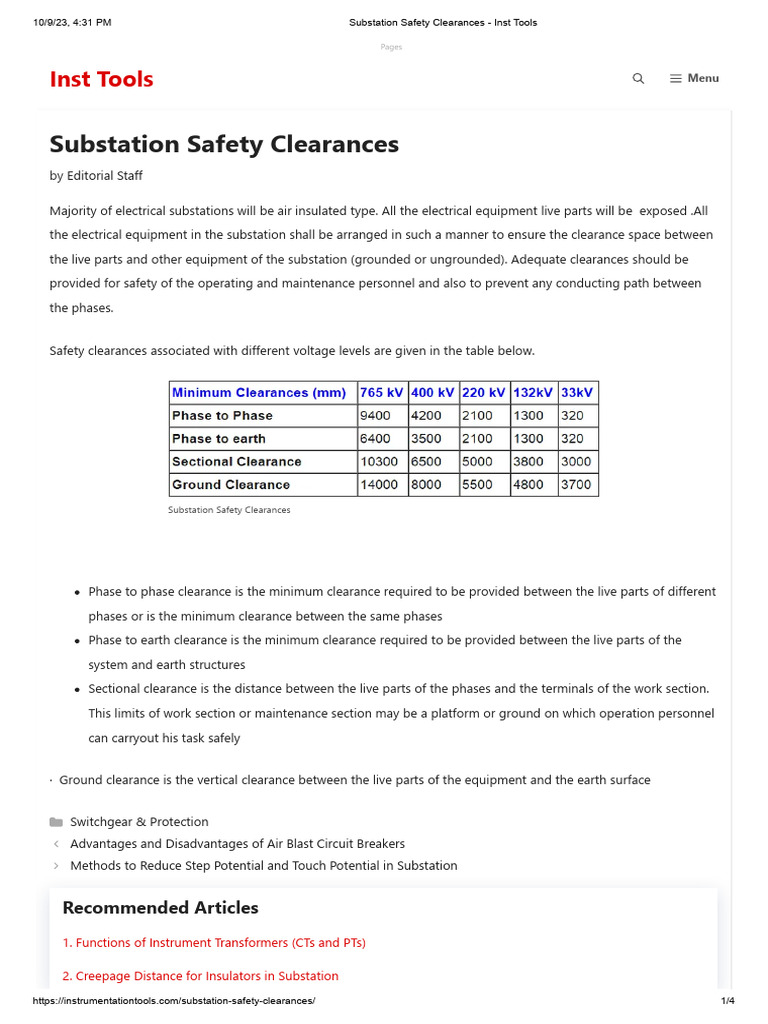 Substation Safety Clearances - Inst Tools | PDF | Electrical Substation ...