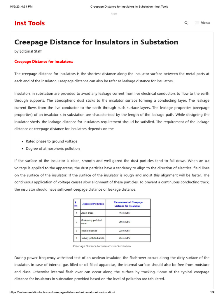 Creepage Distance for Substation Insulators | PDF | Insulator ...