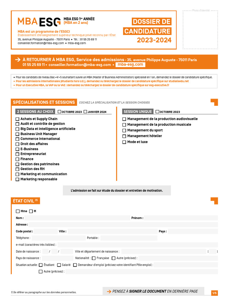 Dossier de Candidature MBA ESG 2023-2024 | PDF | Maîtrise en ...