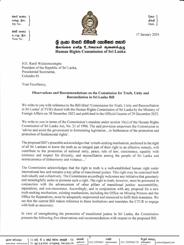 HRCSL Letter To President On CTUR | PDF
