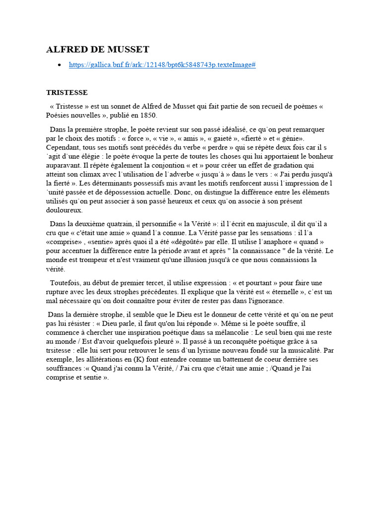 Analyse du sonnet "Tristesse" de Musset | PDF | Poésie | Vérité