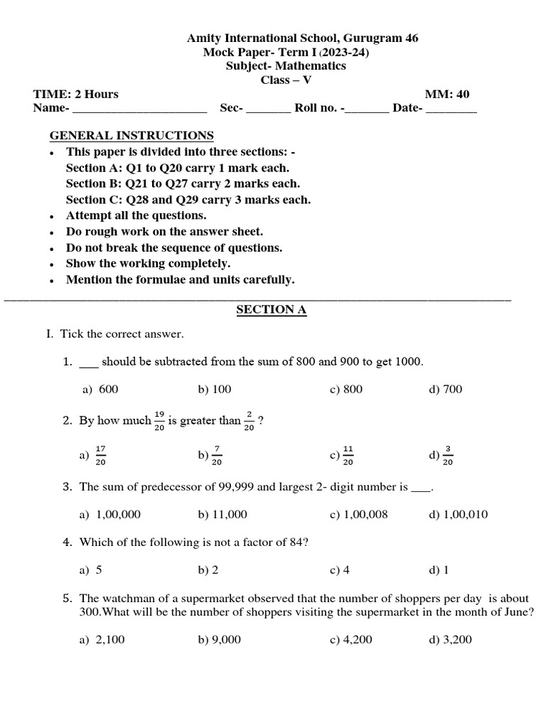 Grade 5 Mathematics Mock Paper 2023 | PDF