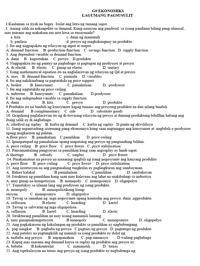 G9 Ekonomiks Long Quiz | PDF