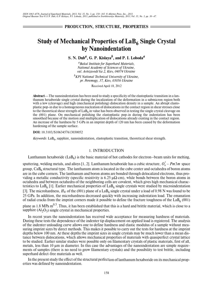 Study of Mechanical Properties of LaB6 Single Crystal by Nano Indentation | PDF | Hardness ...
