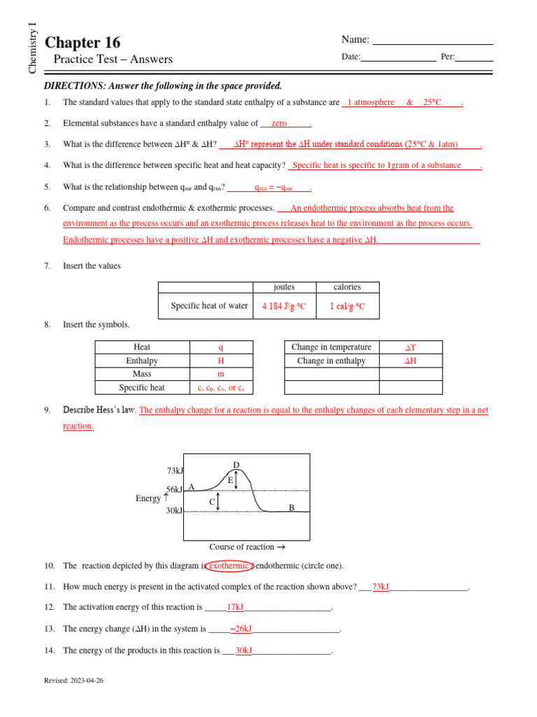 Chapter 16 - Practice Test I - Answers | PDF | Enthalpy | Calorie