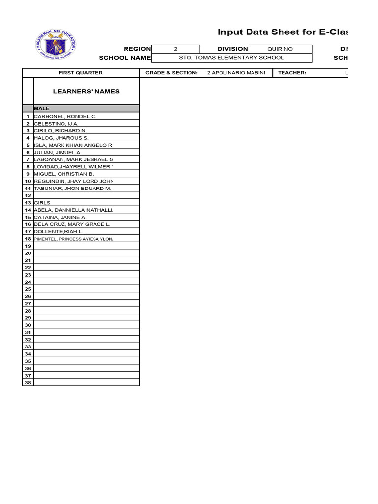 Grade 2 First Quarter Class Record | PDF