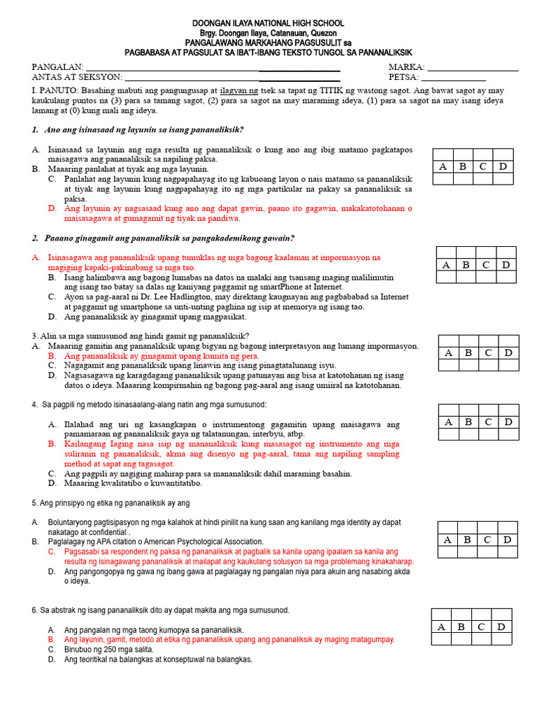 Ikalawang Panahunang Pagsusulit Sa PAGBASA at PAGSULAT | PDF