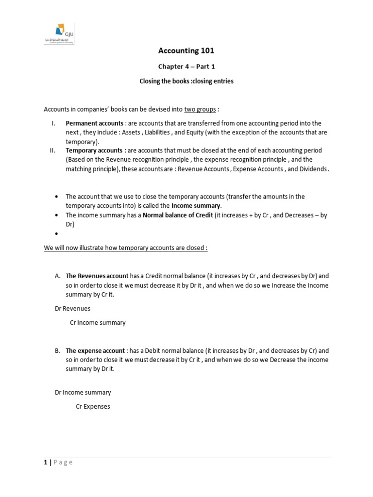ACC 101 Chapter 4 - Part 1 (Closing Entires) | PDF | Debits And Credits | Retained Earnings