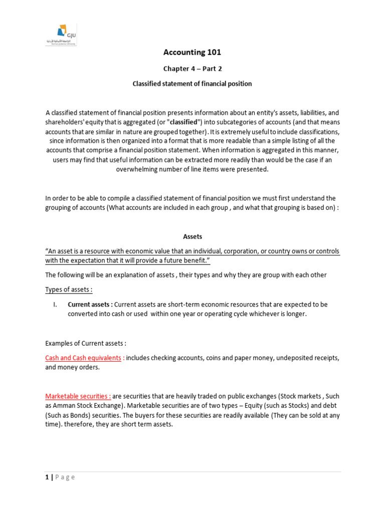 ACC 101 Chapter 4 - Part 2 (Classified Financial Postion Statement) | PDF | Balance Sheet | Expense