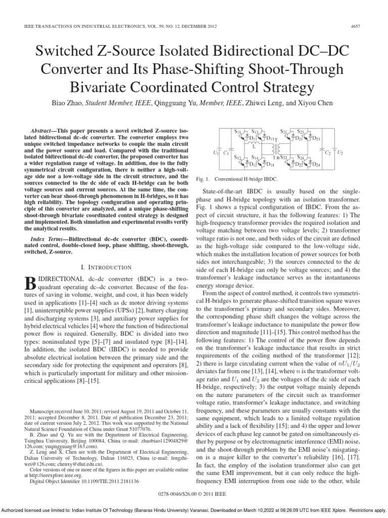 Switched Z Source Isolated Bidirectional Dcdc Converter And Its Phase Shifting Shoot Through 