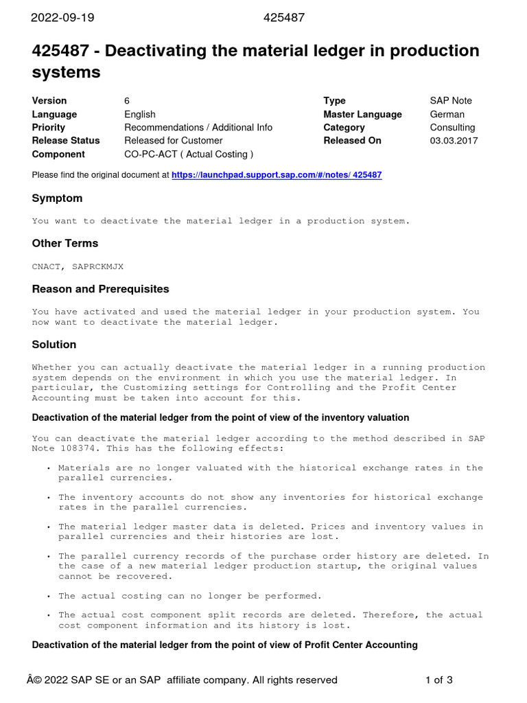 Deactivating The Material Ledger in Production Systems | PDF ...