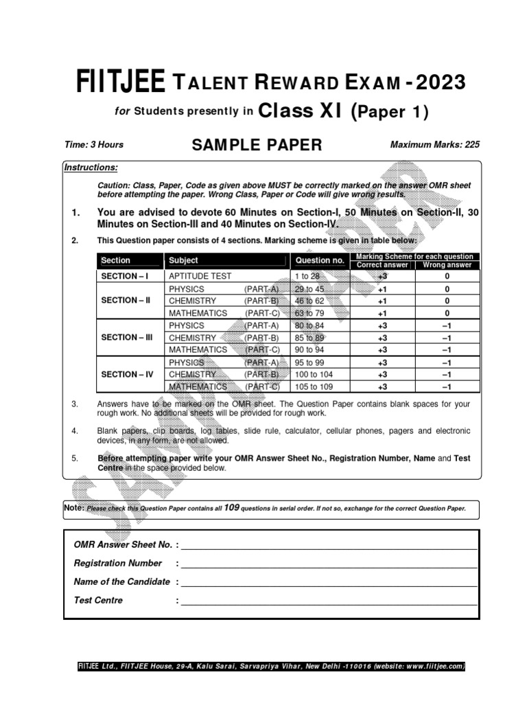 Ftre-2023-Sample Paper-Class-Xi-P1-At+pcm | Download Free PDF | Mass ...