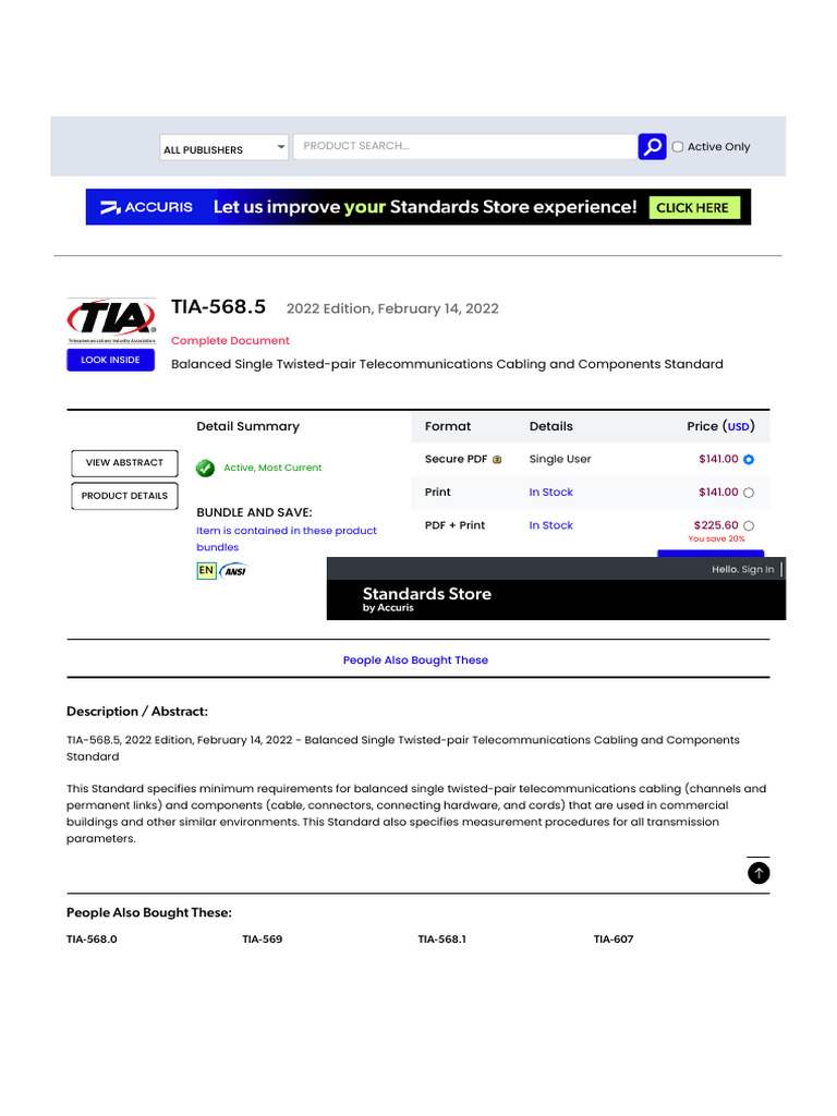 TIA-568.5 - Balanced Single Twisted-Pair Telecommunications Cabling and Components Standard ...
