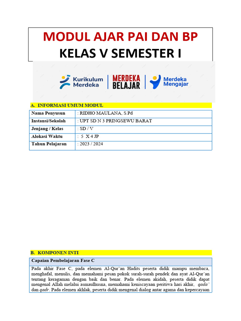 Modul Ajar Pai Kelas V SMT 1 | PDF