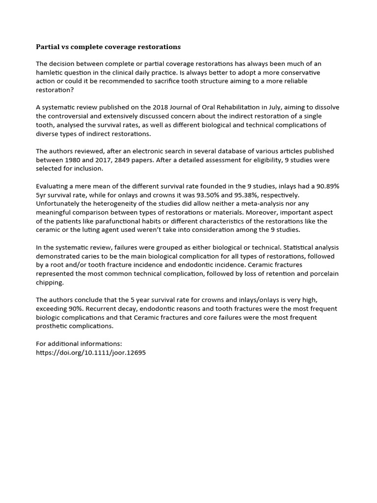 Partial Vs Complete Coverage Restorations | PDF