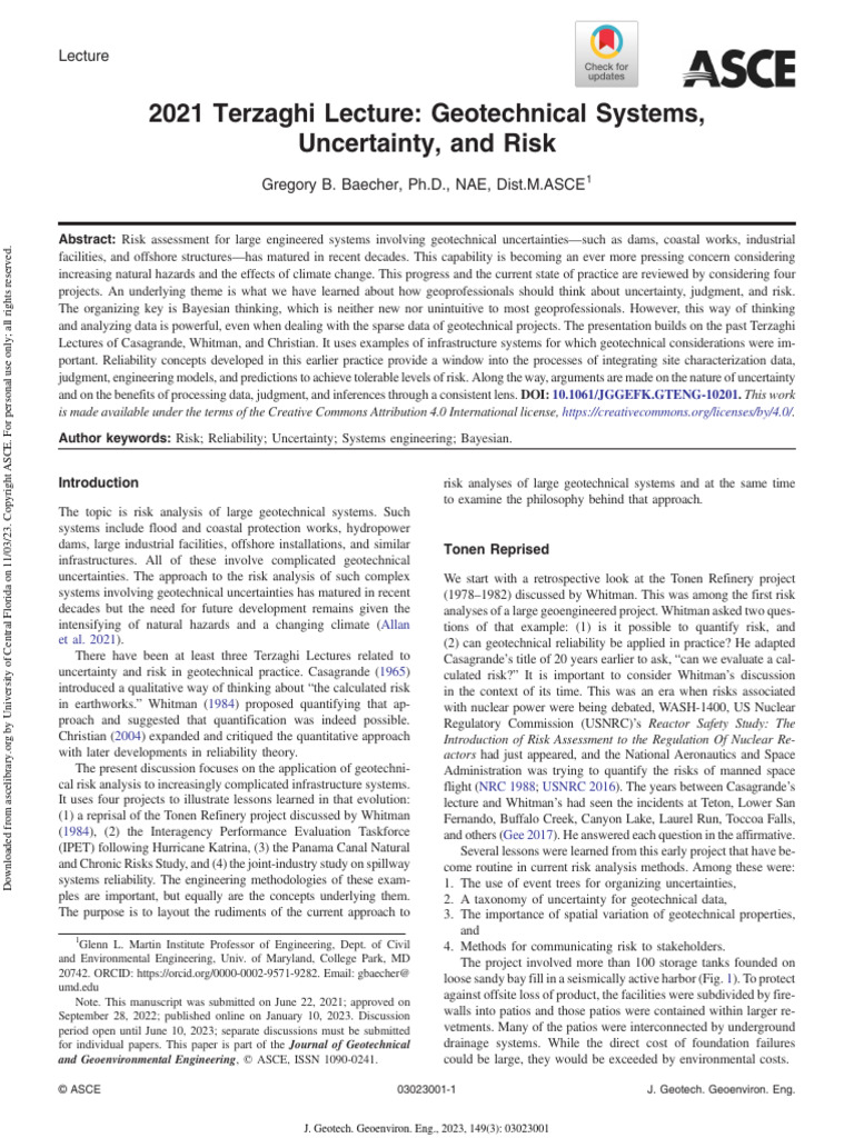 Baecher 2023 2021 Terzaghi Lecture Geotechnical Systems Uncertainty and ...