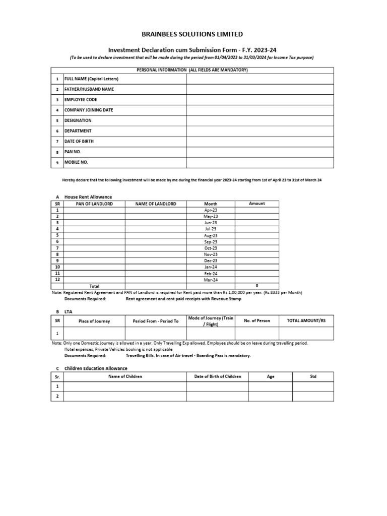 BB Investment Declaration Form FY 2023-24 | PDF | Insurance ...