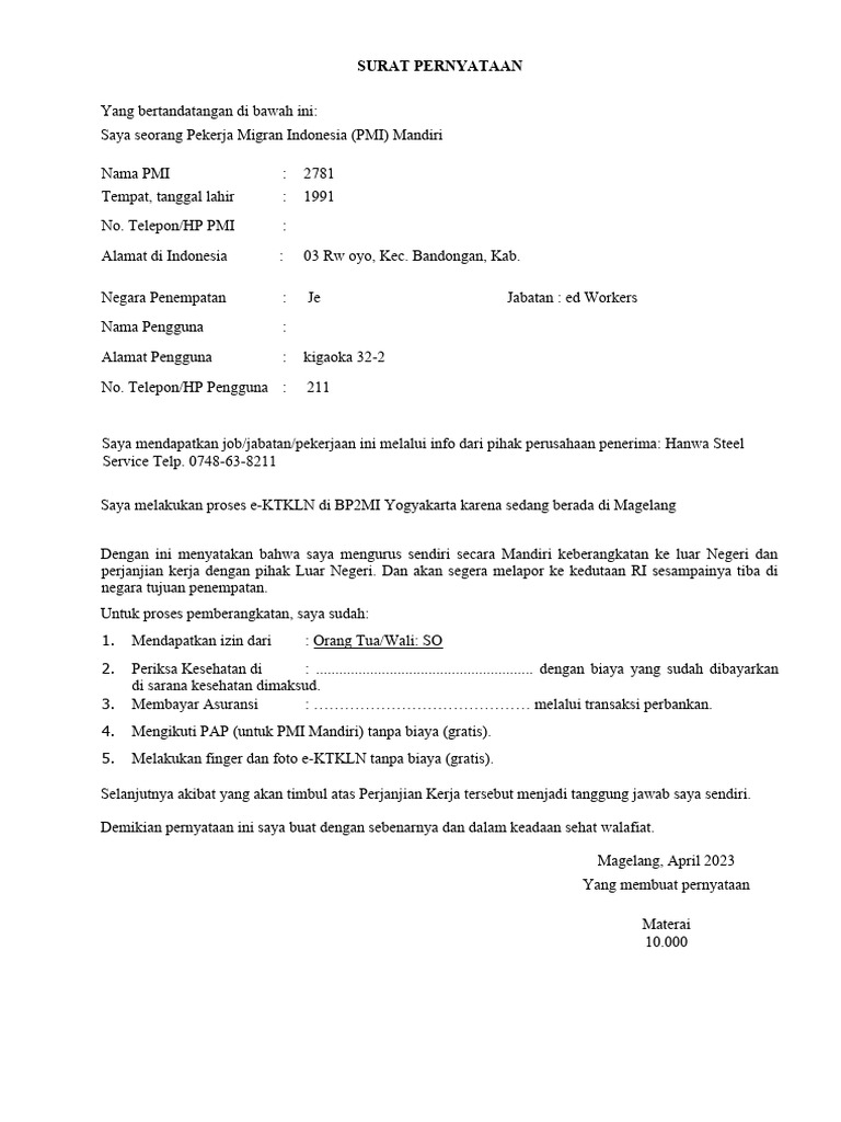 Surat Pernyataan PMI Mandiri | PDF