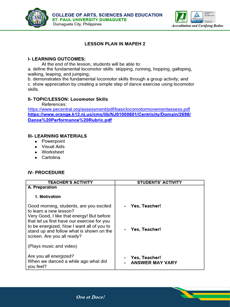 Lesson Plan in Mapeh - Eullaran | PDF | Animal Locomotion | Teachers