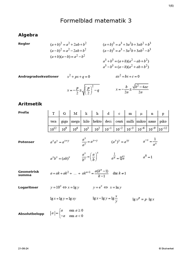Formelblad - Matematik - 3 2021 | PDF