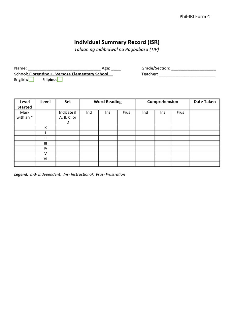 Phil-IRI Form 4 | PDF