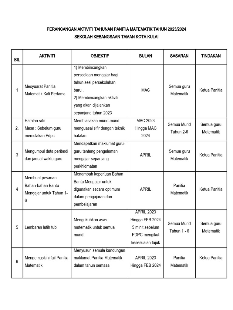 TAKWIM Panitia MT 2023 Hingga2024 | PDF