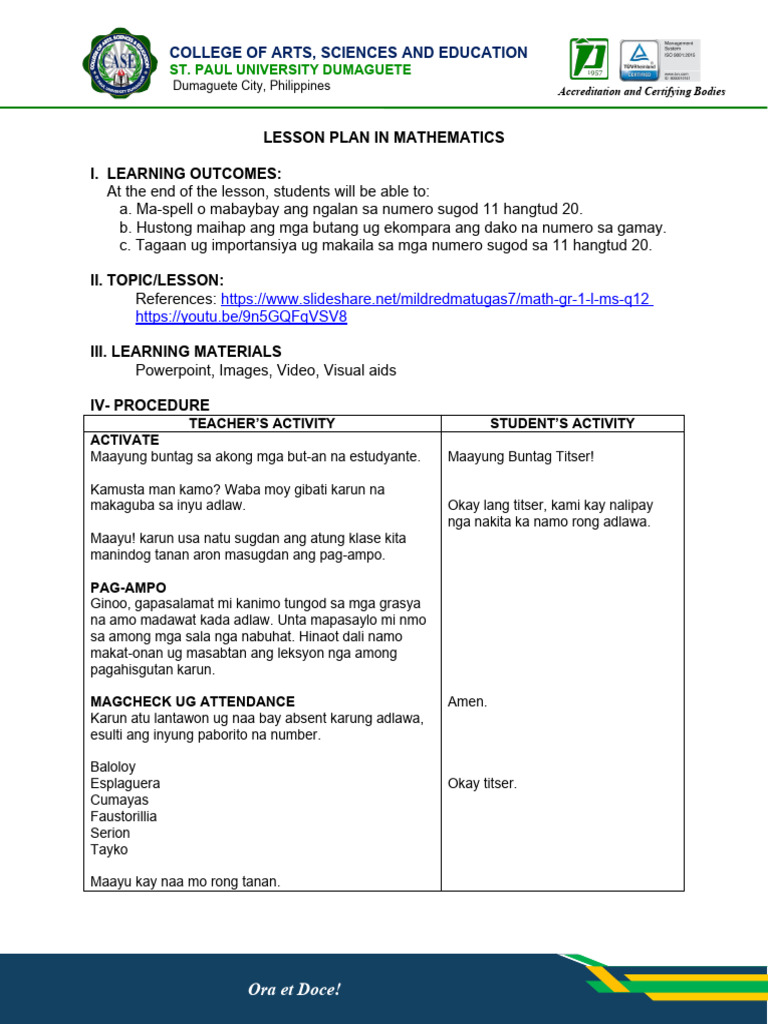 Lesson Plan in Mathematics | PDF