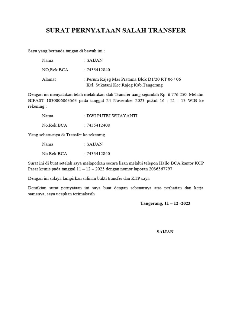 Surat Pernyataan Salah Transfer | PDF