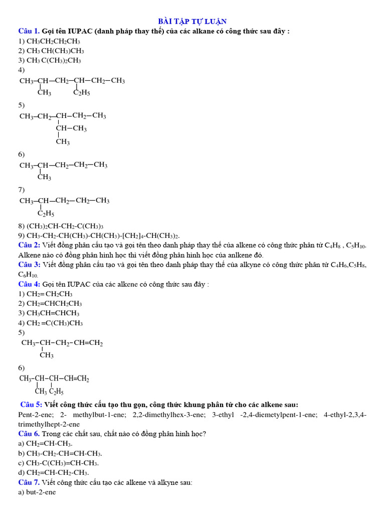 ALKENE ALKYNE+ TRẮC NGHIỆM ALKANE-ĐỀ | PDF