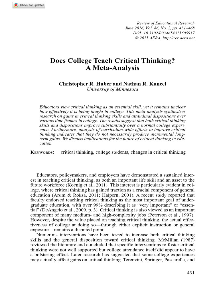 Huber Kuncel 2016 Does College Teach Critical Thinking A Meta Analysis | PDF | Effect Size ...