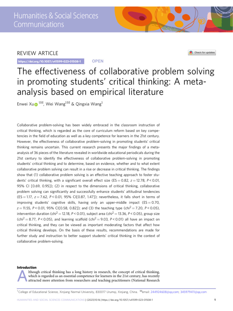 The Effectiveness of Collaborative Problem Solving in Promoting Students ' Critical Thinking: A ...