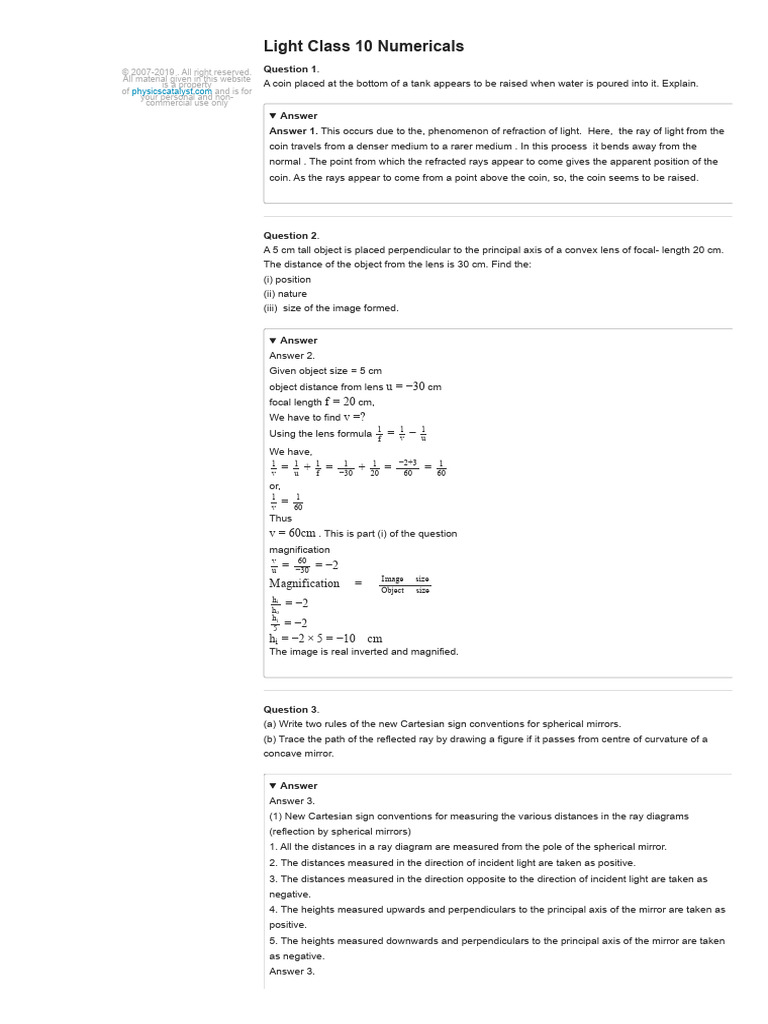 Light Reflection and Refraction Class 10 Numericals | PDF | Refractive ...