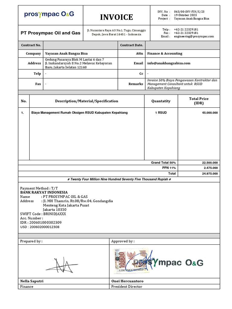 Invoice Yayasan Anak Bangsa Bisa Management Rumah Oxygen | PDF