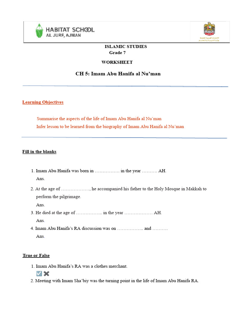Grade 7 - Imam Abu Hanifah RA Worksheet 1 | PDF
