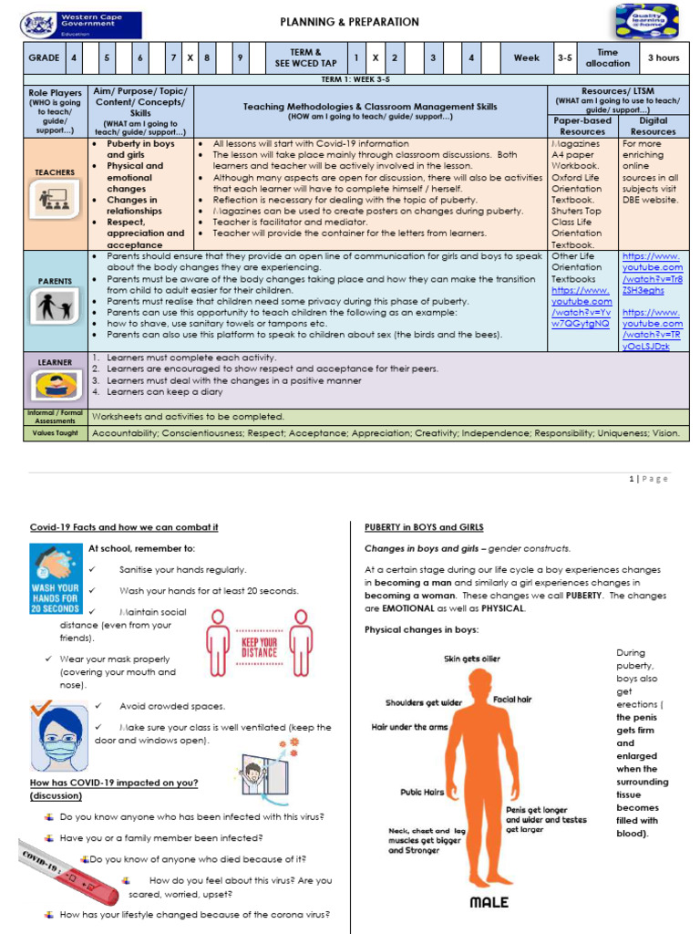 Lesson Plan Gr. 7 Life Orientation T1 W3-4 | PDF | Puberty | Learning