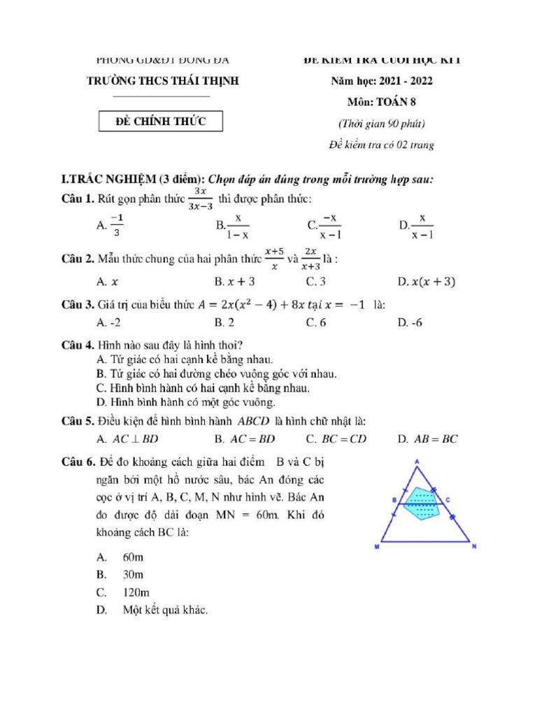De Kiem Tra Cuoi Hoc Ki 1 Toan 8 Nam 2021 2022 Truong Thcs Thai Thinh Ha Noi | PDF