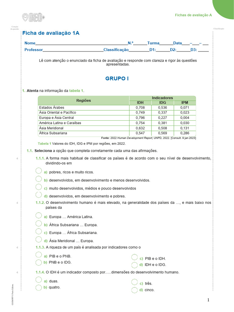 Pe Geom9 Fic Aval 1a | PDF | Índice de desenvolvimento humano | País em desenvolvimento