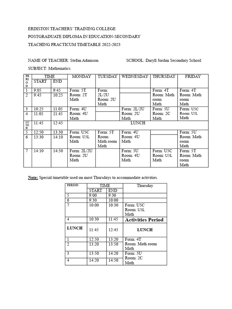 Stefan Adamson Timetable (Incomplete - Missing Rooms) | PDF