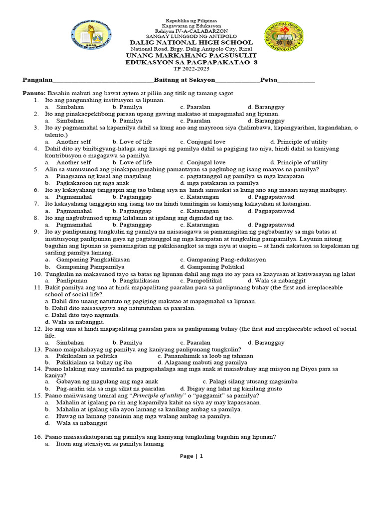q1 Esp 8 Periodical Exam With Tos 2022 2023 | PDF