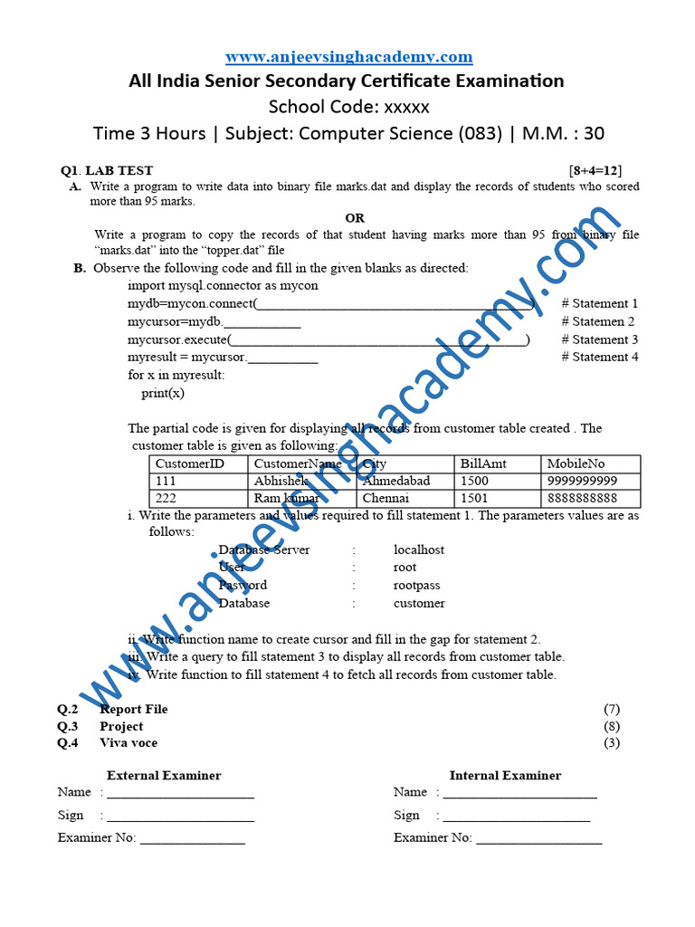 AISSCE Computer Science PRACTICALS QP 4 | PDF | Databases | Software ...