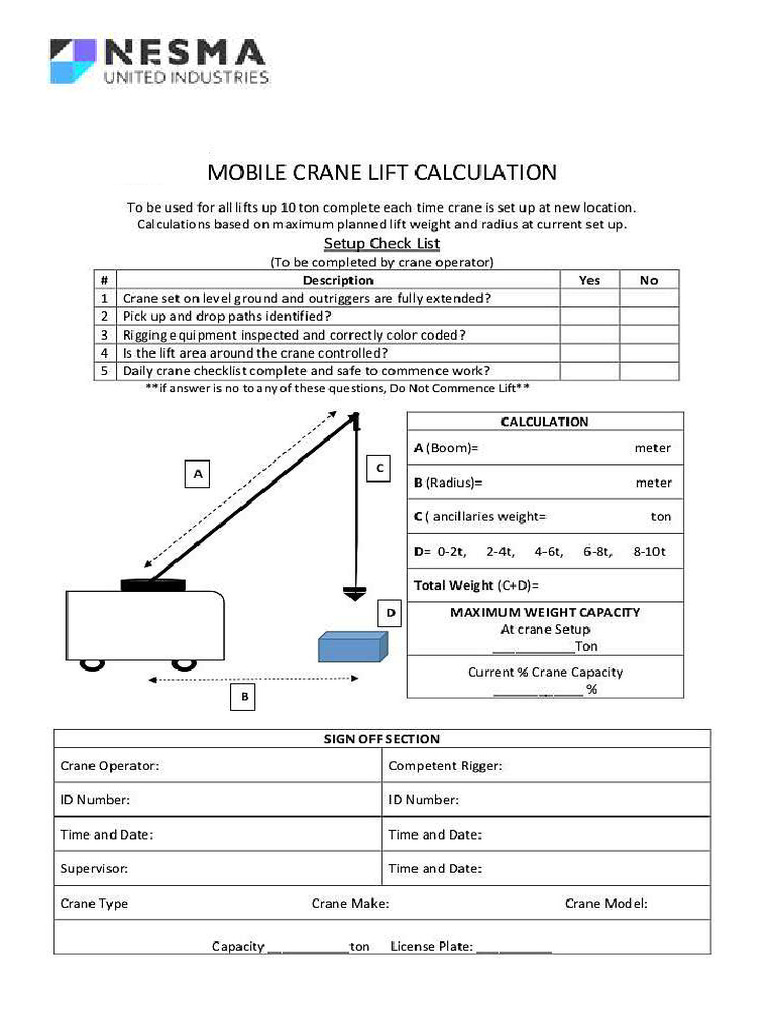 Crane Lifting Calculation Sheet | PDF