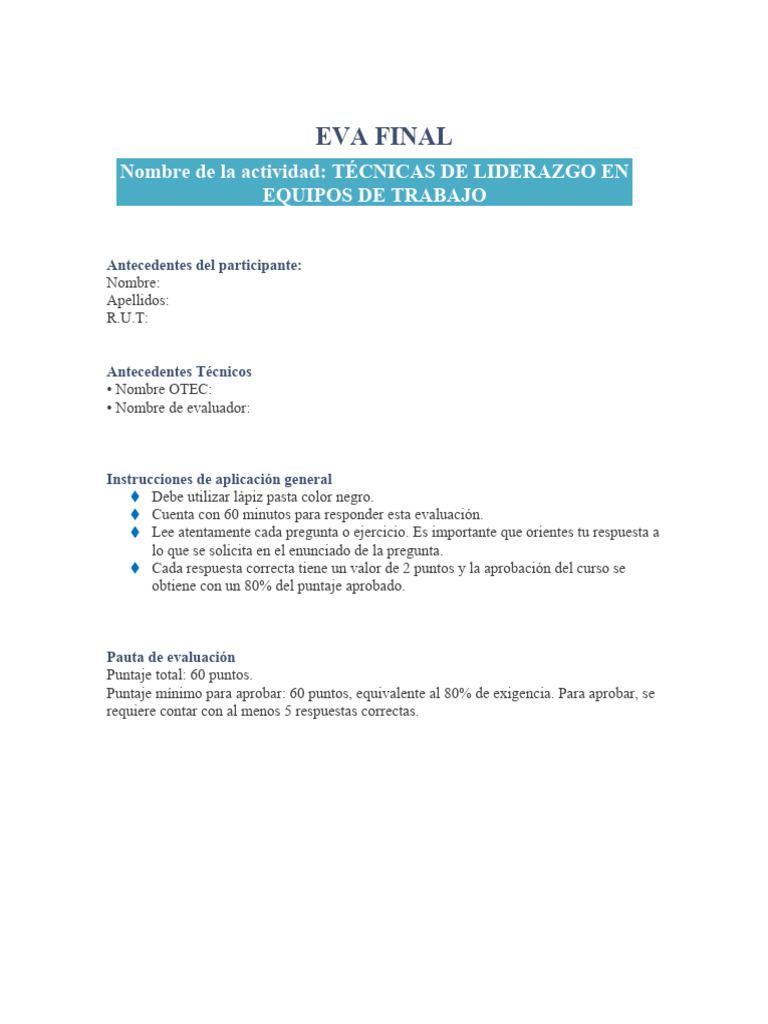 Eva Final Curso Tecnicas de Liderazgo en Equipos de Trabajo | PDF | Liderazgo | Evaluación