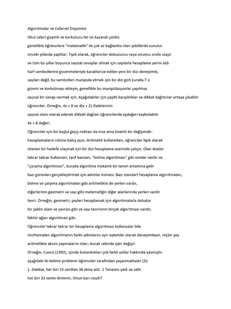 Algoritmalar Ve Cebirsel Düşünme | PDF